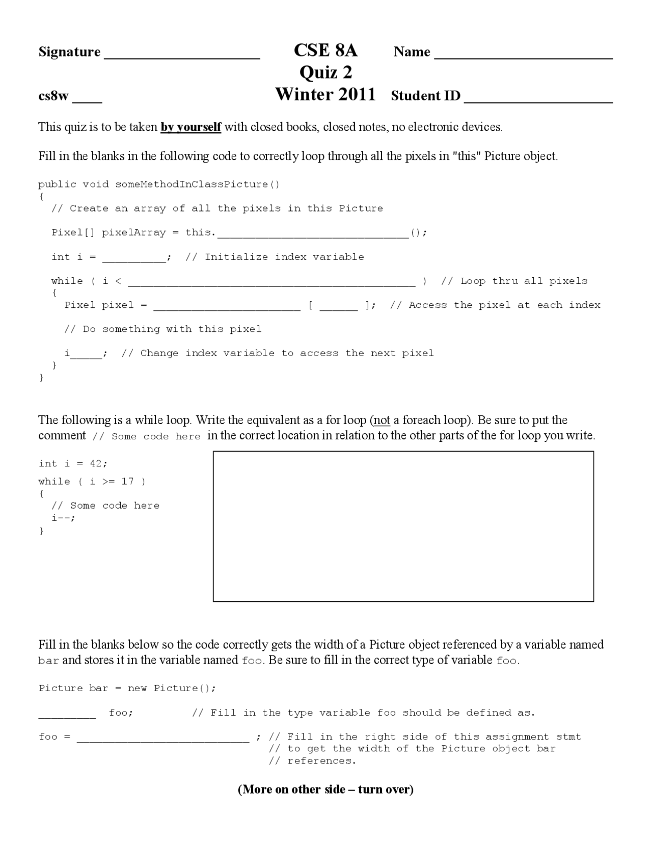 Introduction to Computer Science: Java - Quiz 2 | CSE 8A - Docsity