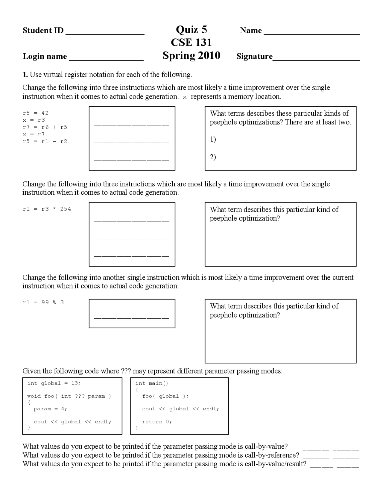 Quiz 5 Questions Compiler Construction Cse 131 Docsity