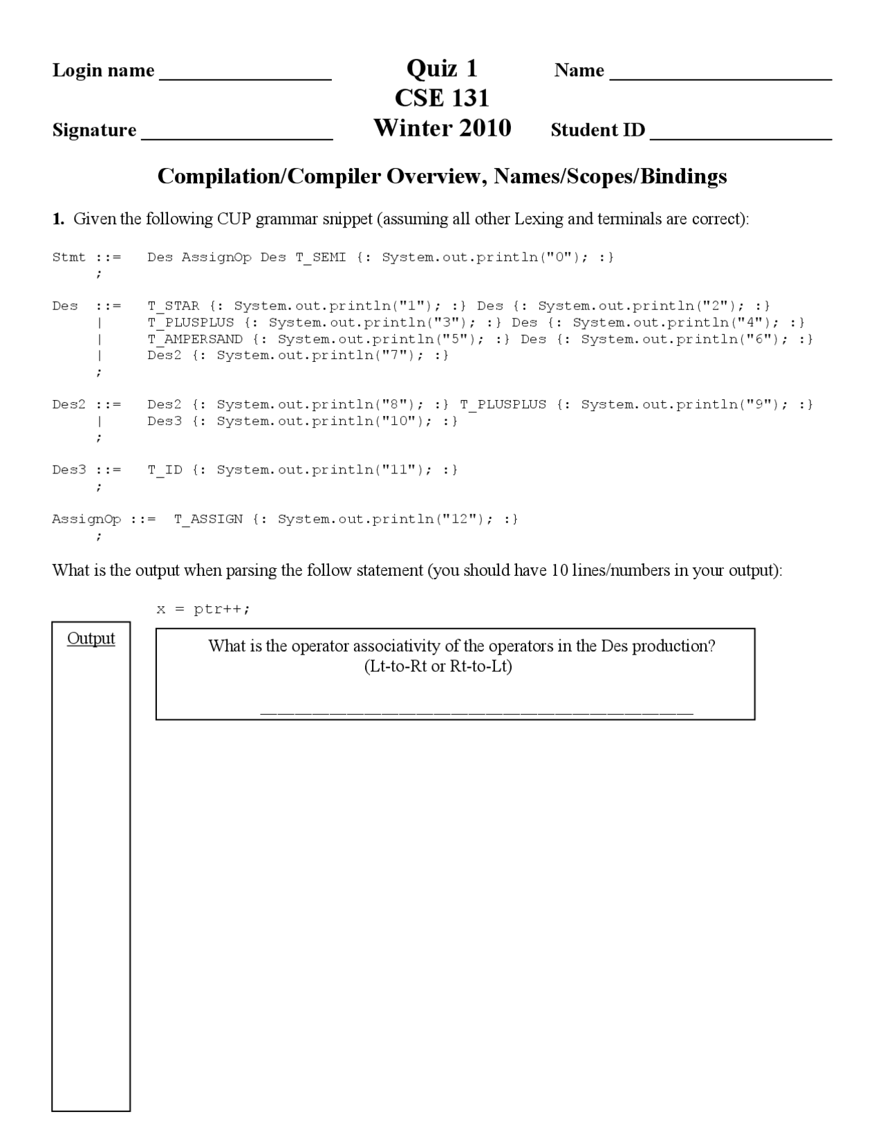 5 Questions For Quiz 1 Compiler Construction Fall 2010 Cse 131