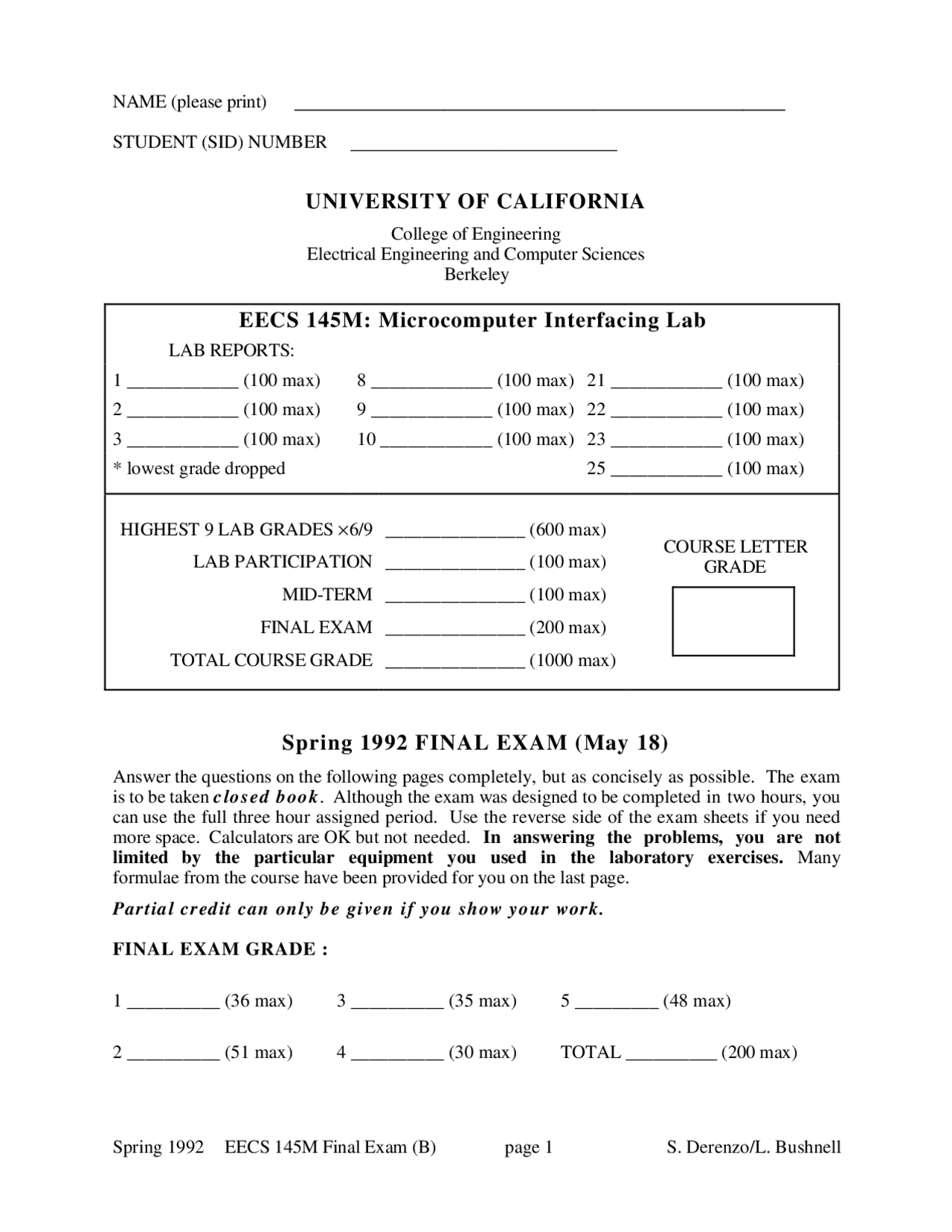 Final Exam Questions For Microcomputer Interfacing Lab El Eng C145m