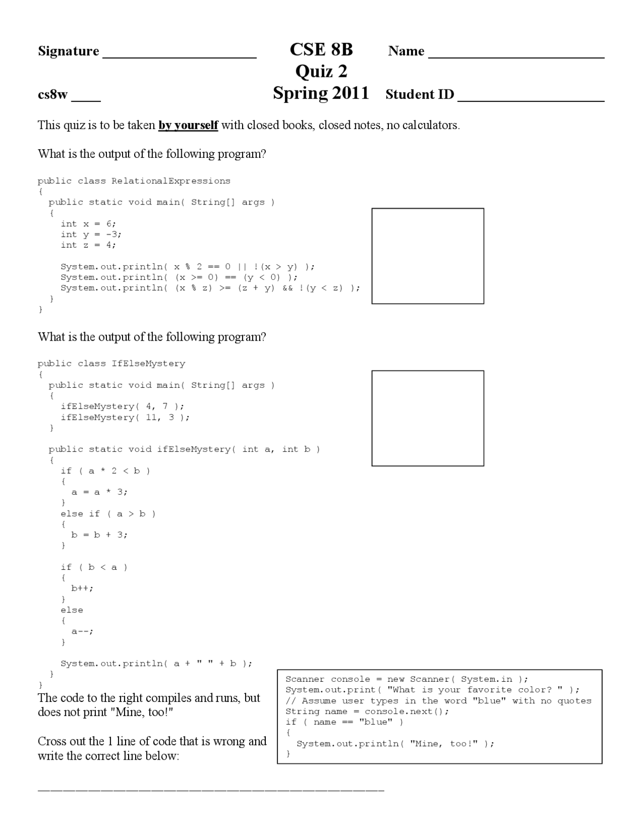Quiz Solutions for CSE 8B, Spring 2011 | Quizzes Computer Science | Docsity