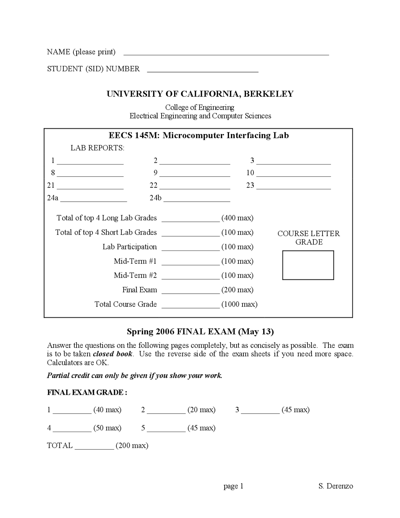 Microcomputer Interfacing Lab Final Exam Questions El Eng C145m
