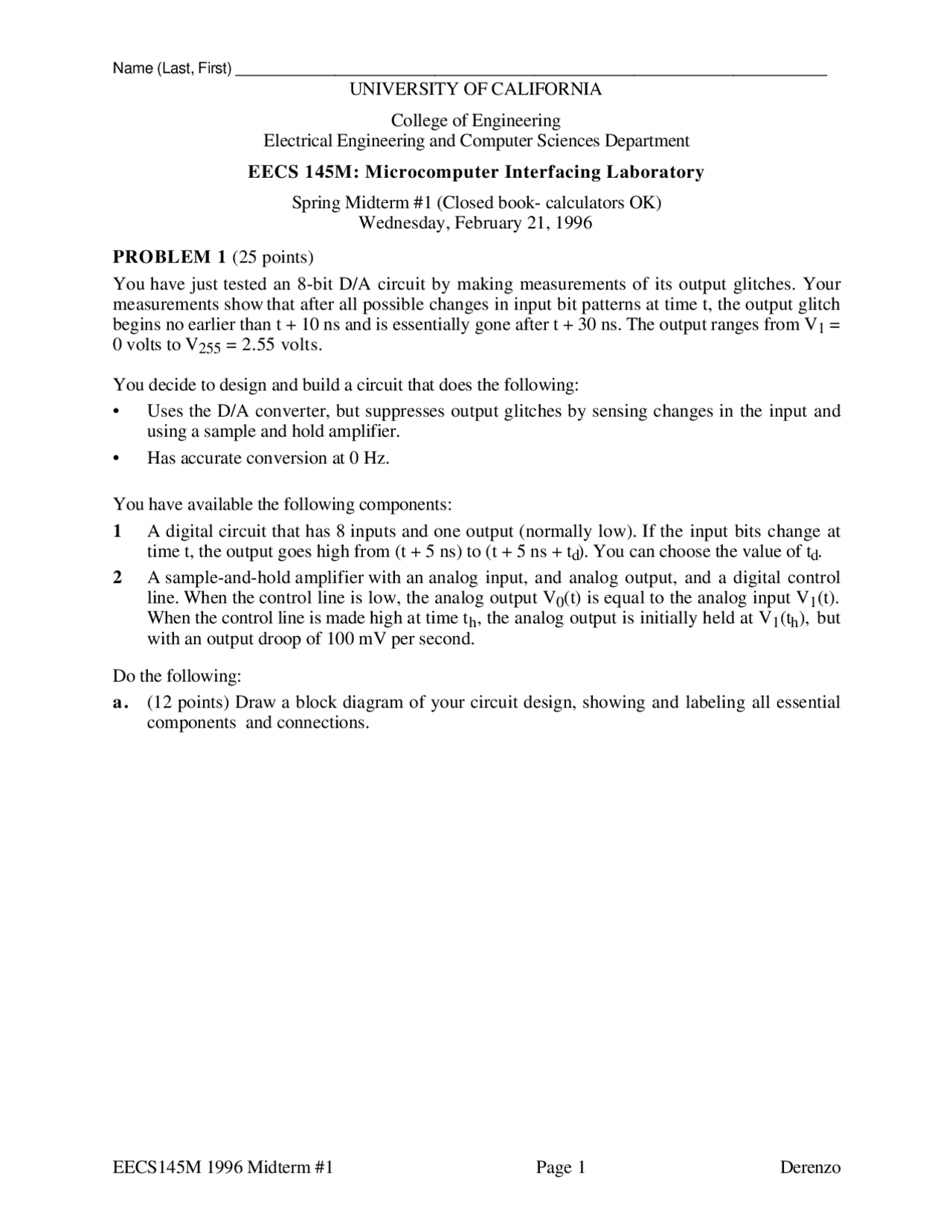 Midterm Exam 1 Microcomputer Interfacing Laboratory El Eng C145m