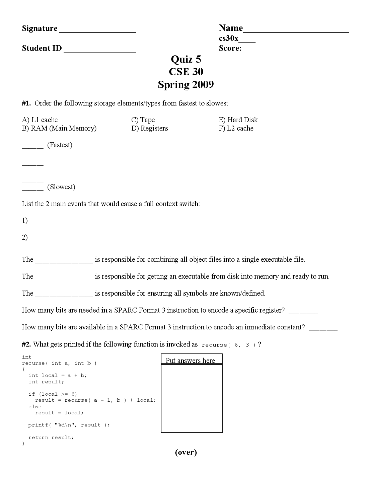 Quiz 5 Questions Computer Organization And System Program Cse 30
