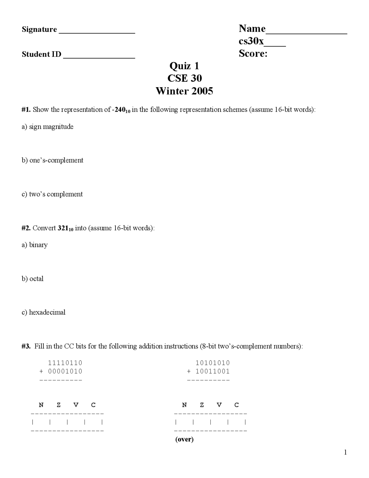 Computer Organization And System Program Quiz 1 Problems Cse 30