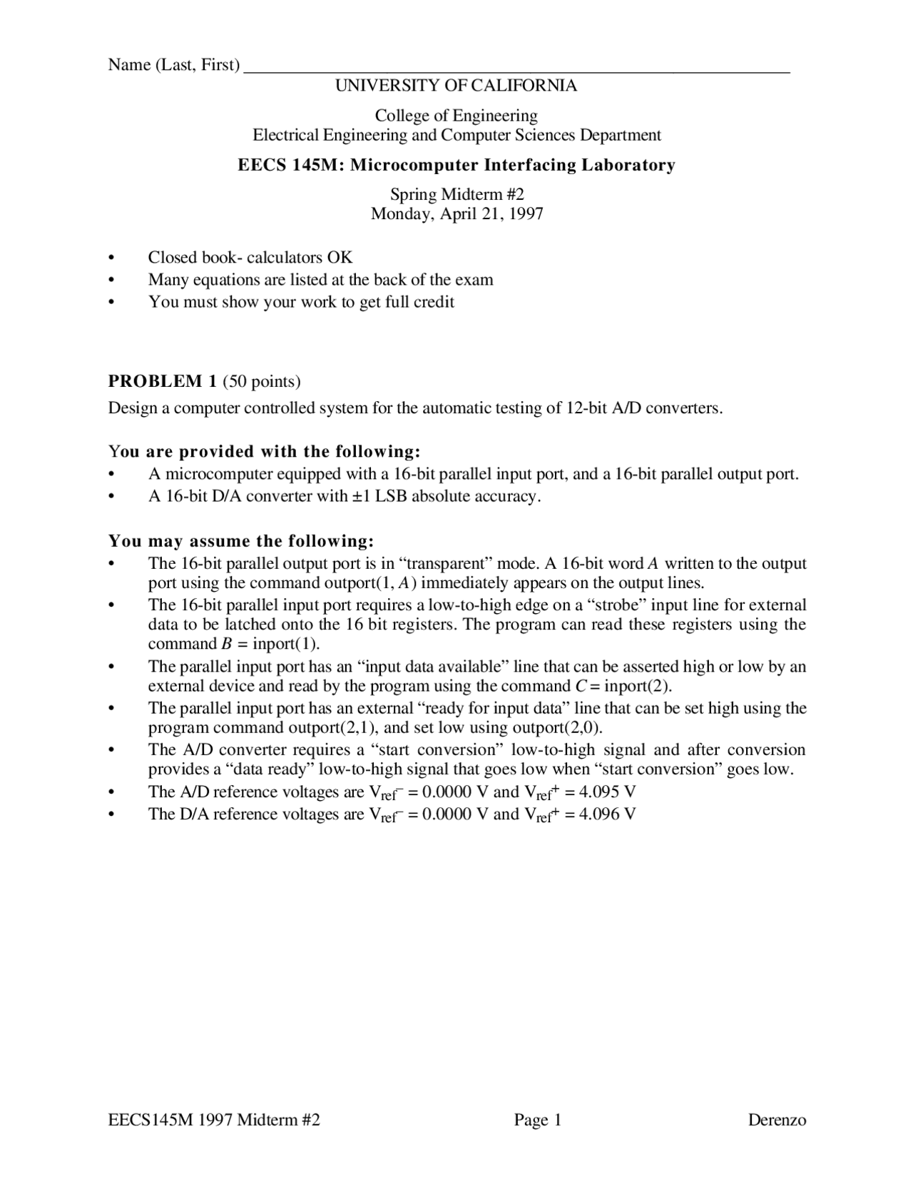 Microcomputer Interfacing Laboratory Old Exam 1997 El Eng C145m