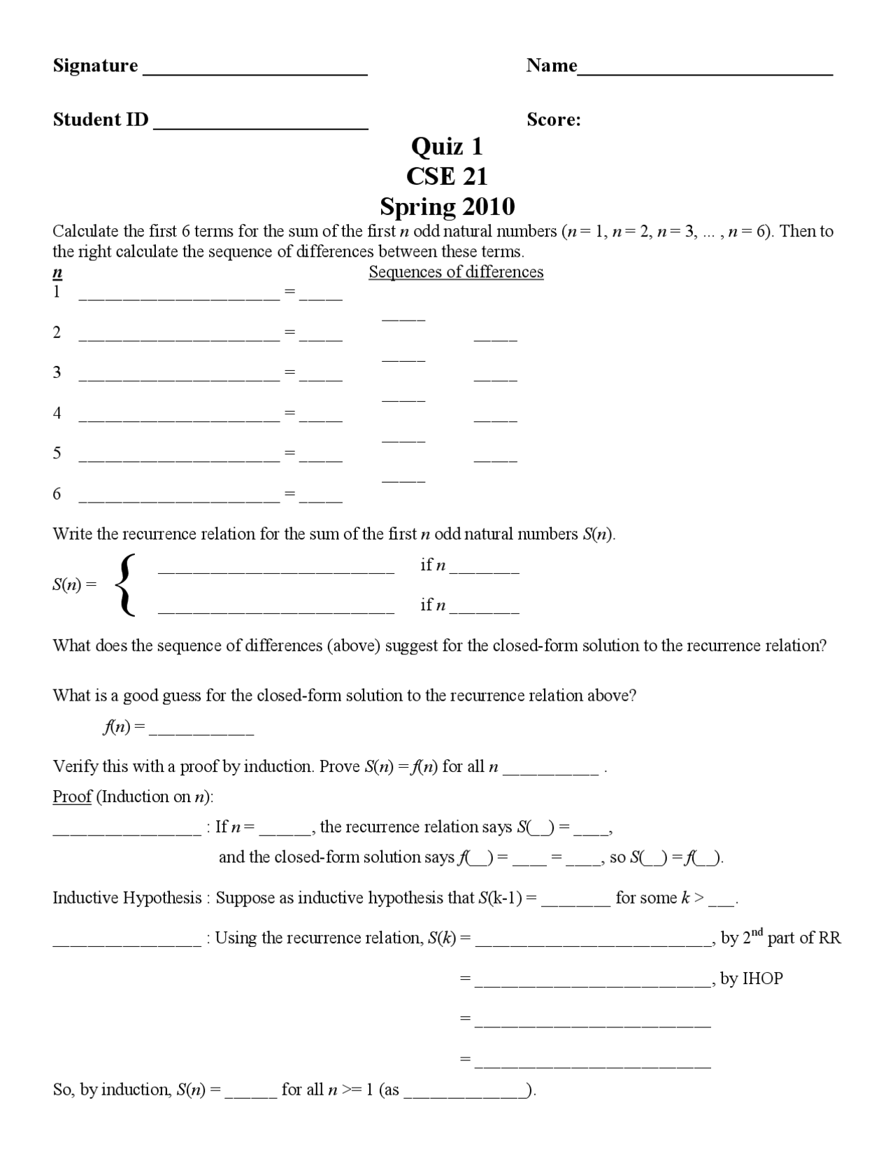 Quiz 1 For Algorithm And Systems Analysis Cse 21 Docsity