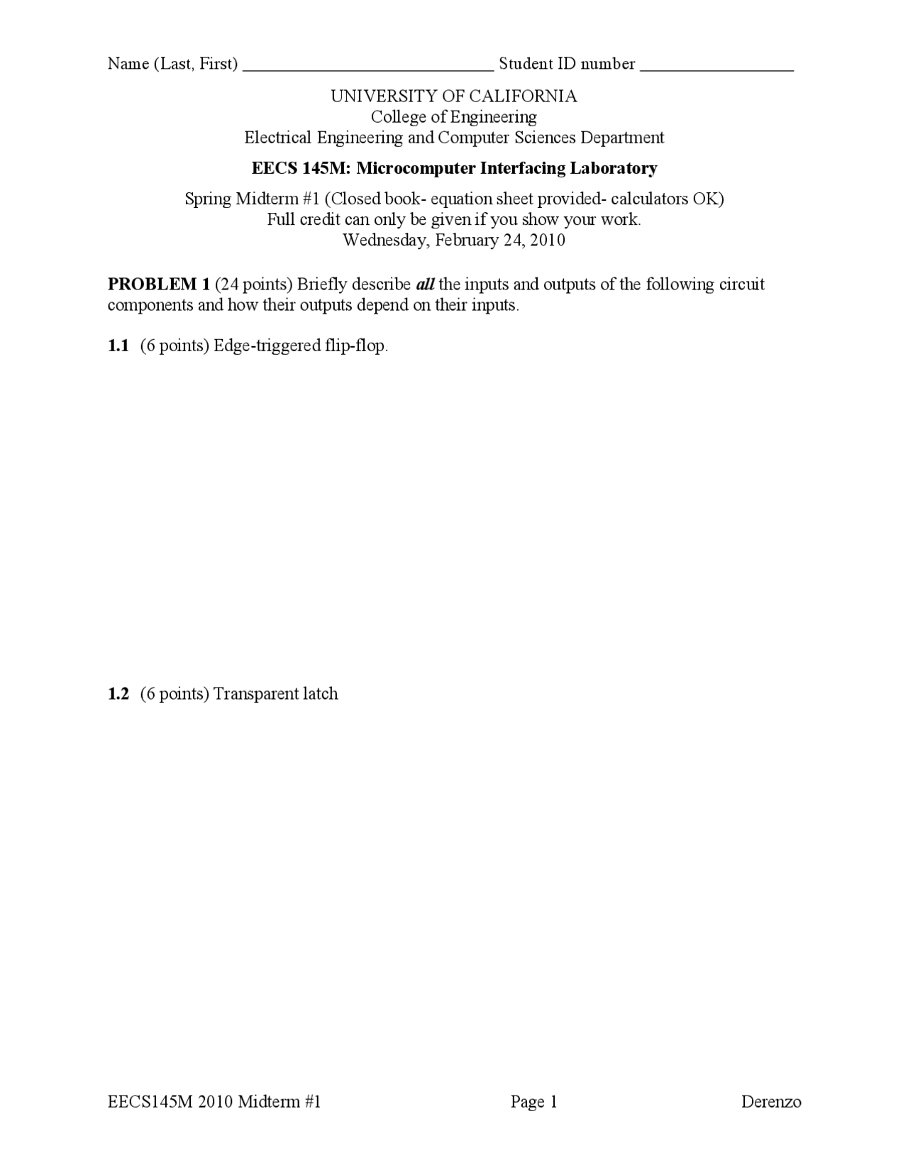 Microcomputer Interfacing Laboratory Midterm Exam 1 El Eng C145m