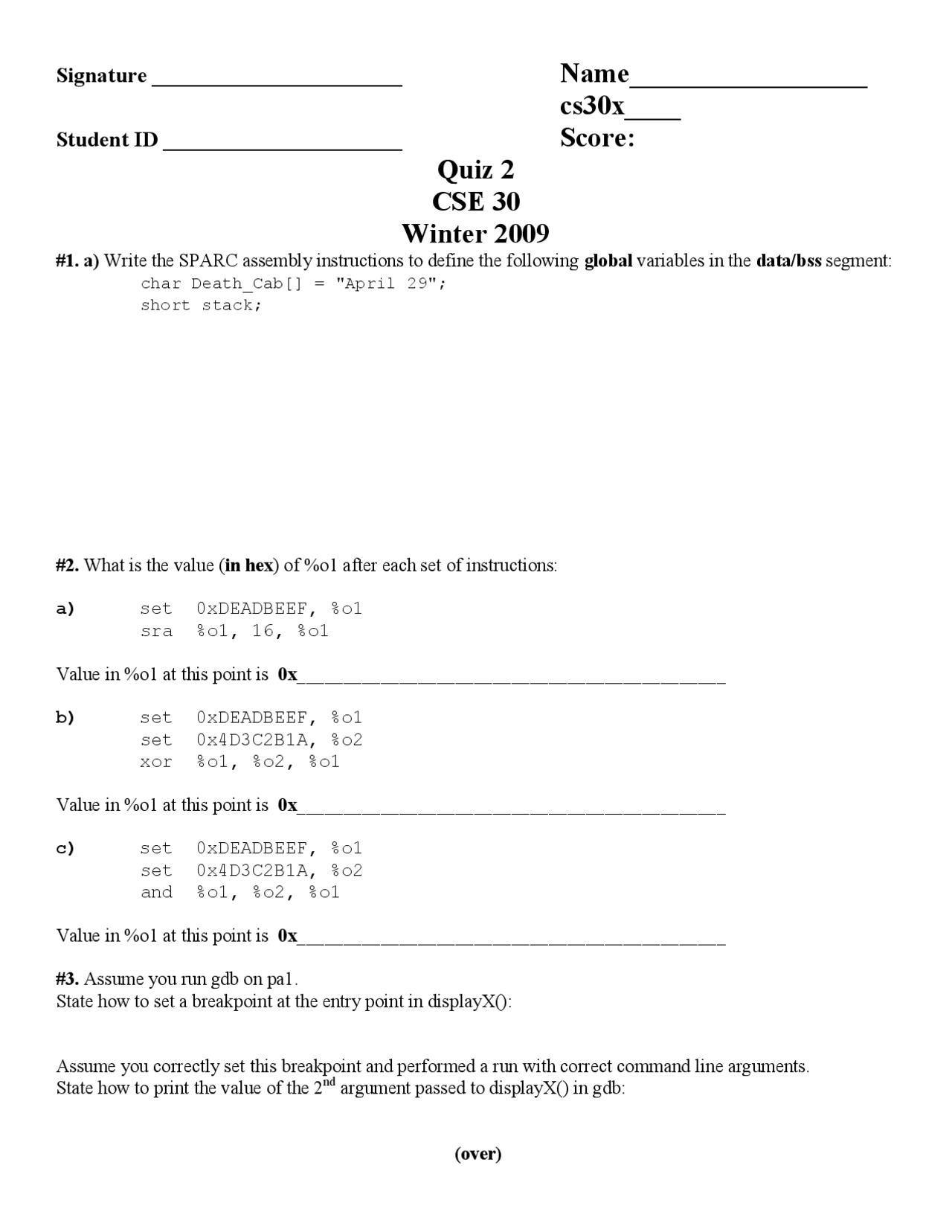 Quiz 2 Questions Computer Organization And System Program Cse 30