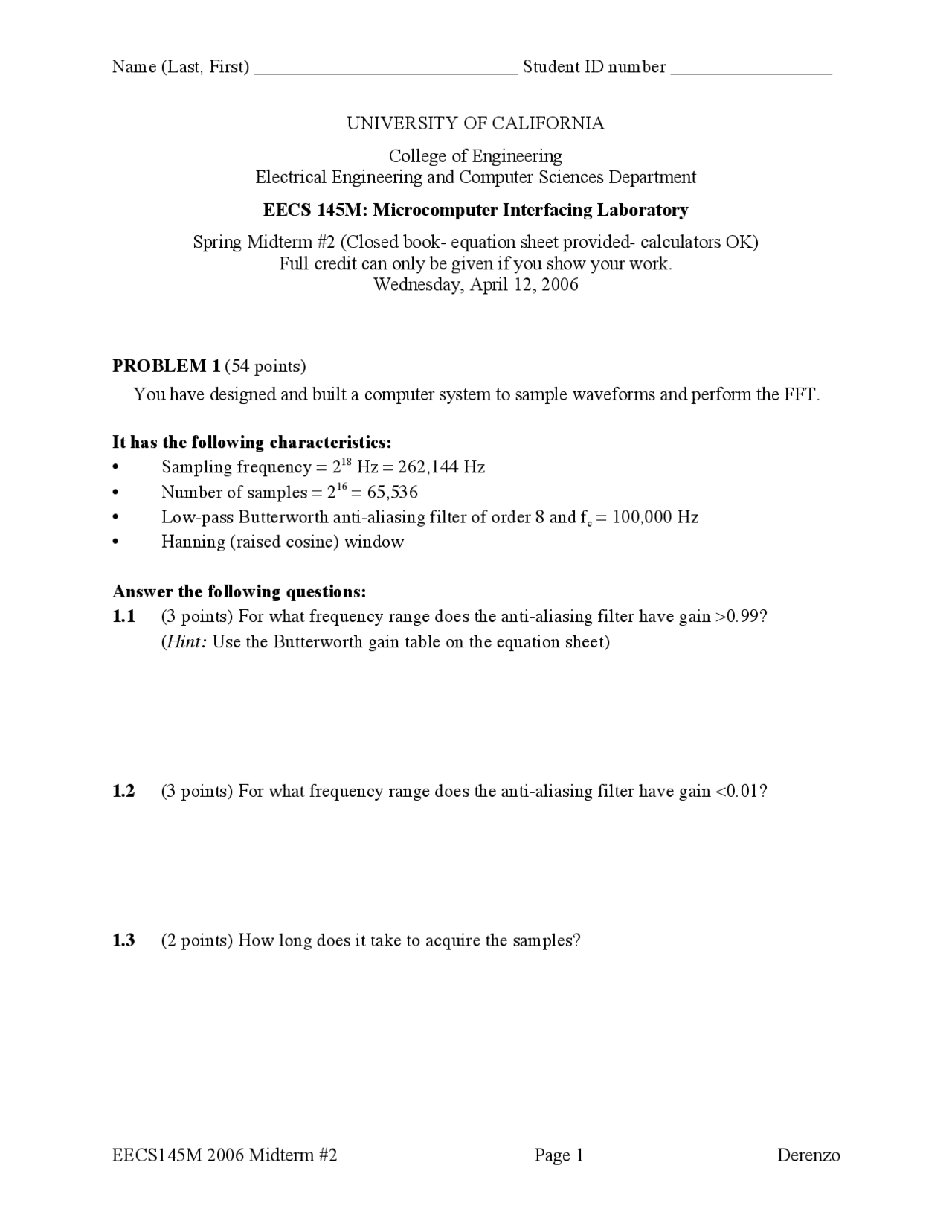 Midterm 2 Microcomputer Interfacing Laboratory El Eng C145m Docsity