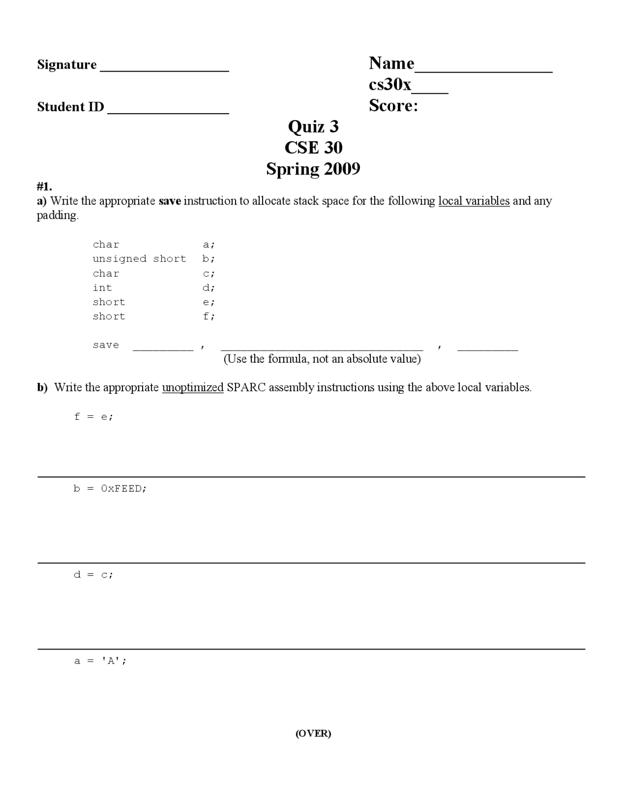 Quiz 3 Problems Computer Organization And System Program Cse 30 Docsity