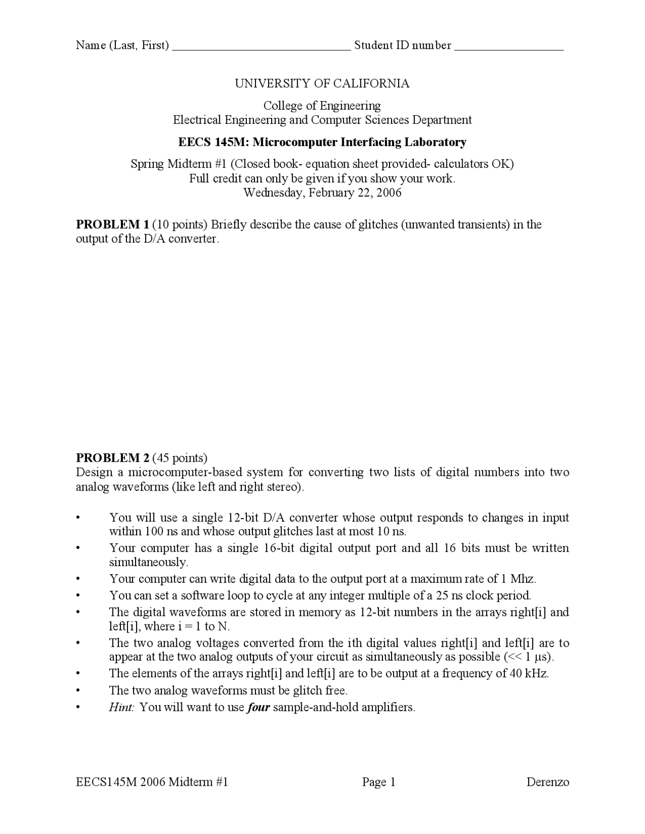 Problems For Midterm Exam Microcomputer Interfacing Laboratory El