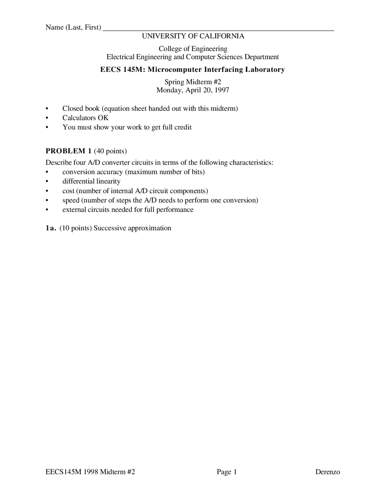 Midterm Exam 2 Problems Microcomputer Interfacing Laboratory El Eng