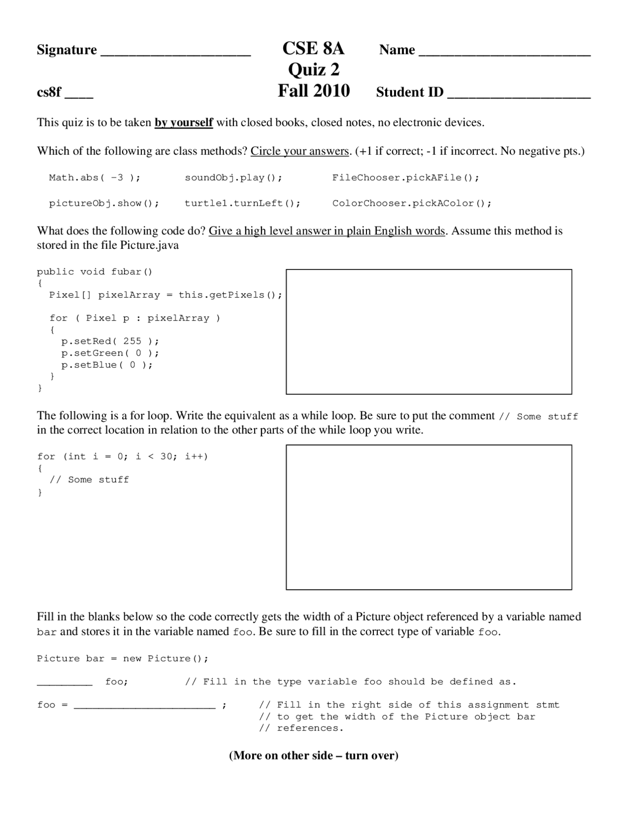Introduction to Computer Science - Quiz 2 | CSE 8A - Docsity