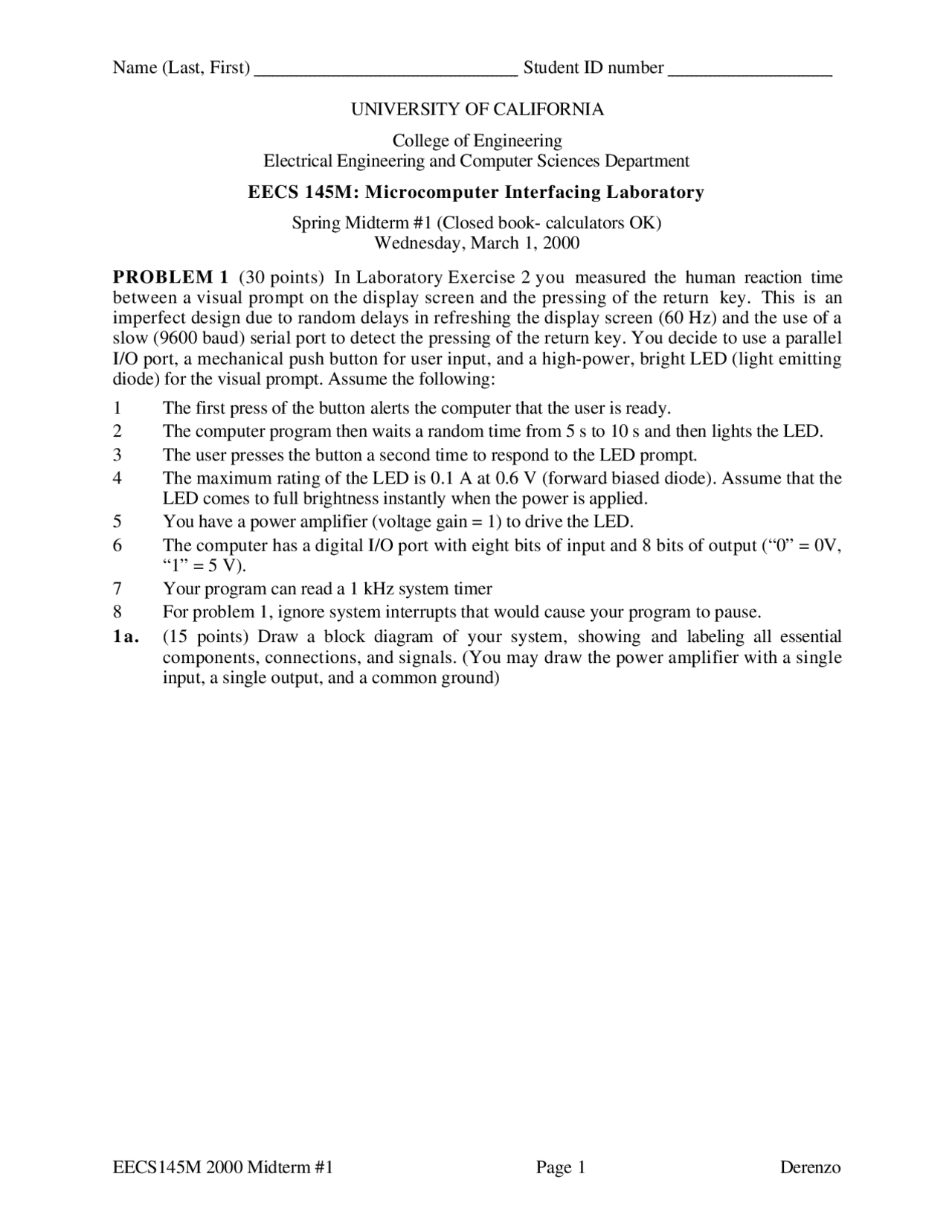 Midterm 1 for Microcomputer Interfacing Laboratory | EL ENG C145M | Exams Electrical and ...