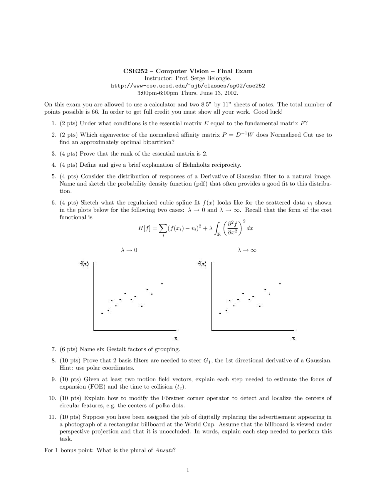 11 Questions For Final Exam Computer Vision Ii Cse 252b Docsity