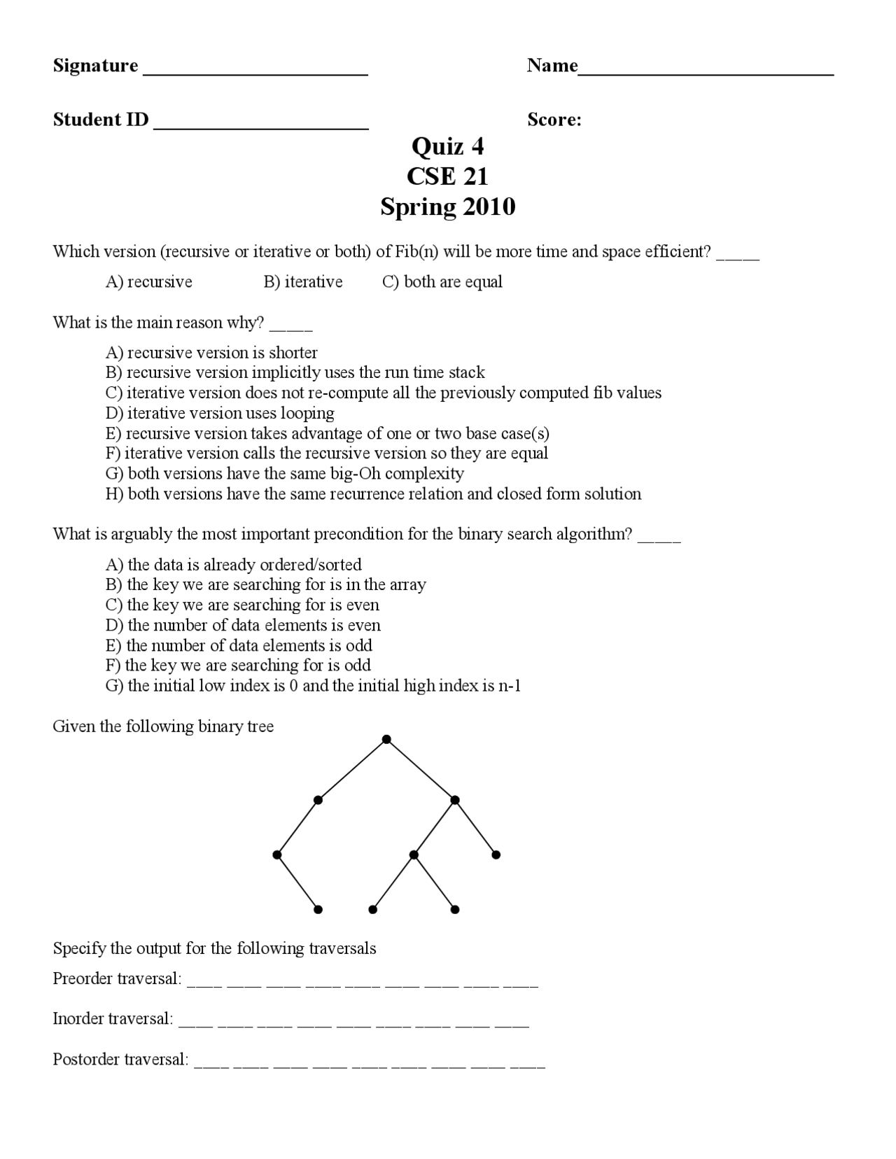 Quiz Answers for CSE 21, Spring 2010 - Prof. Richard Ord | Quizzes Computer Science | Docsity