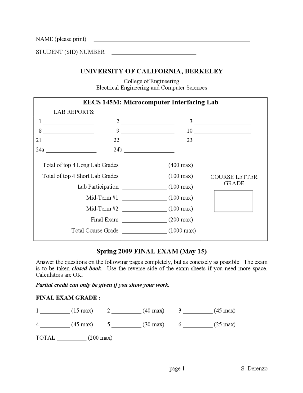 EECS 145M Microcomputer Interfacing Lab Final Exam Solutions - Prof. S. E. Derenzo | Exams ...
