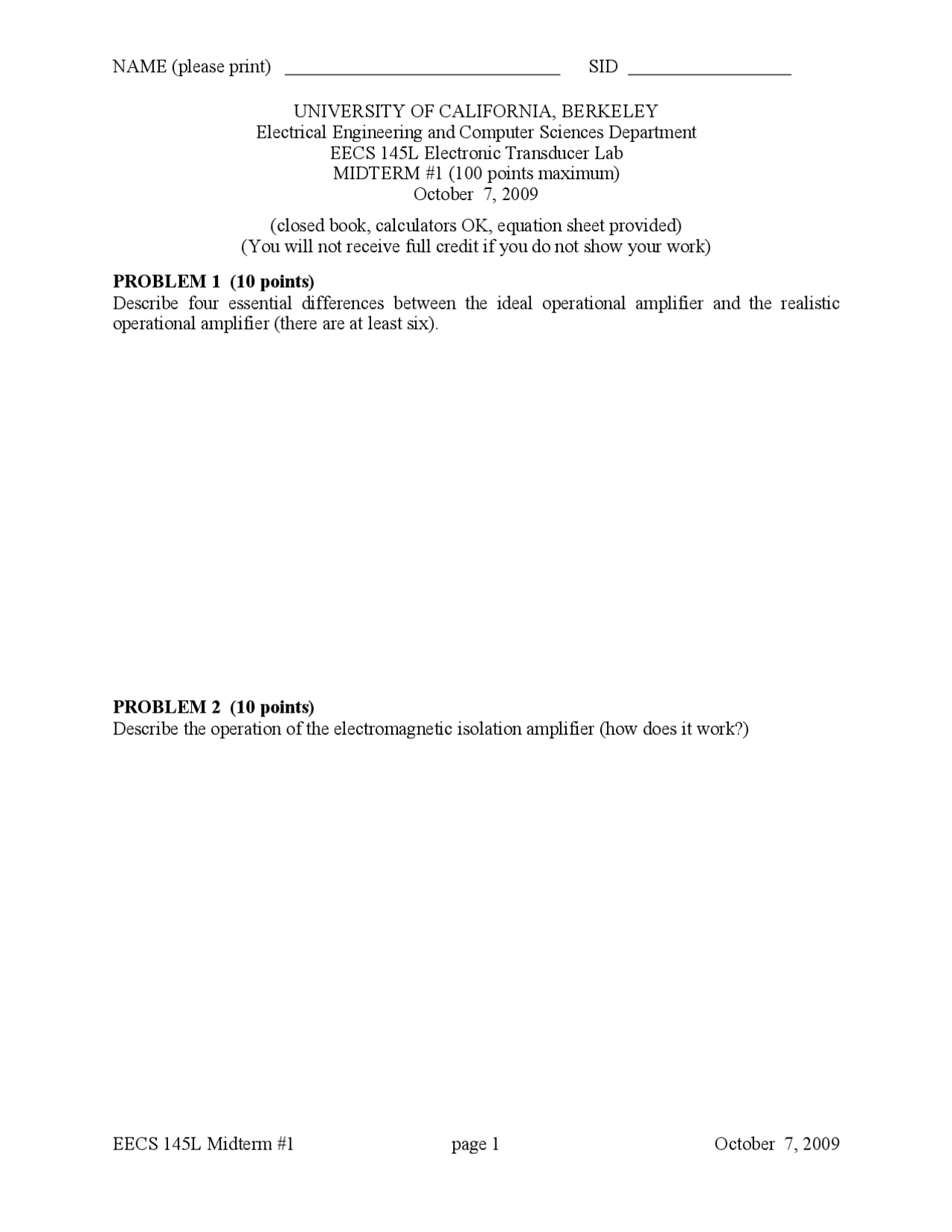 Midterm Exam 1 With Solutions Introductory Electronic Transducers Lab