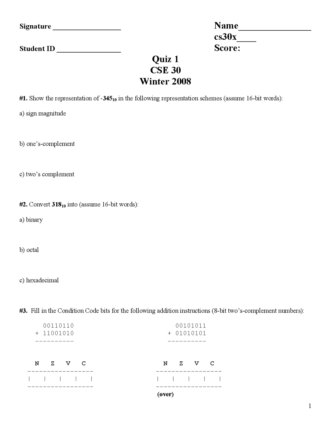 Computer Organization And System Program Quiz 1 Questions Cse 30