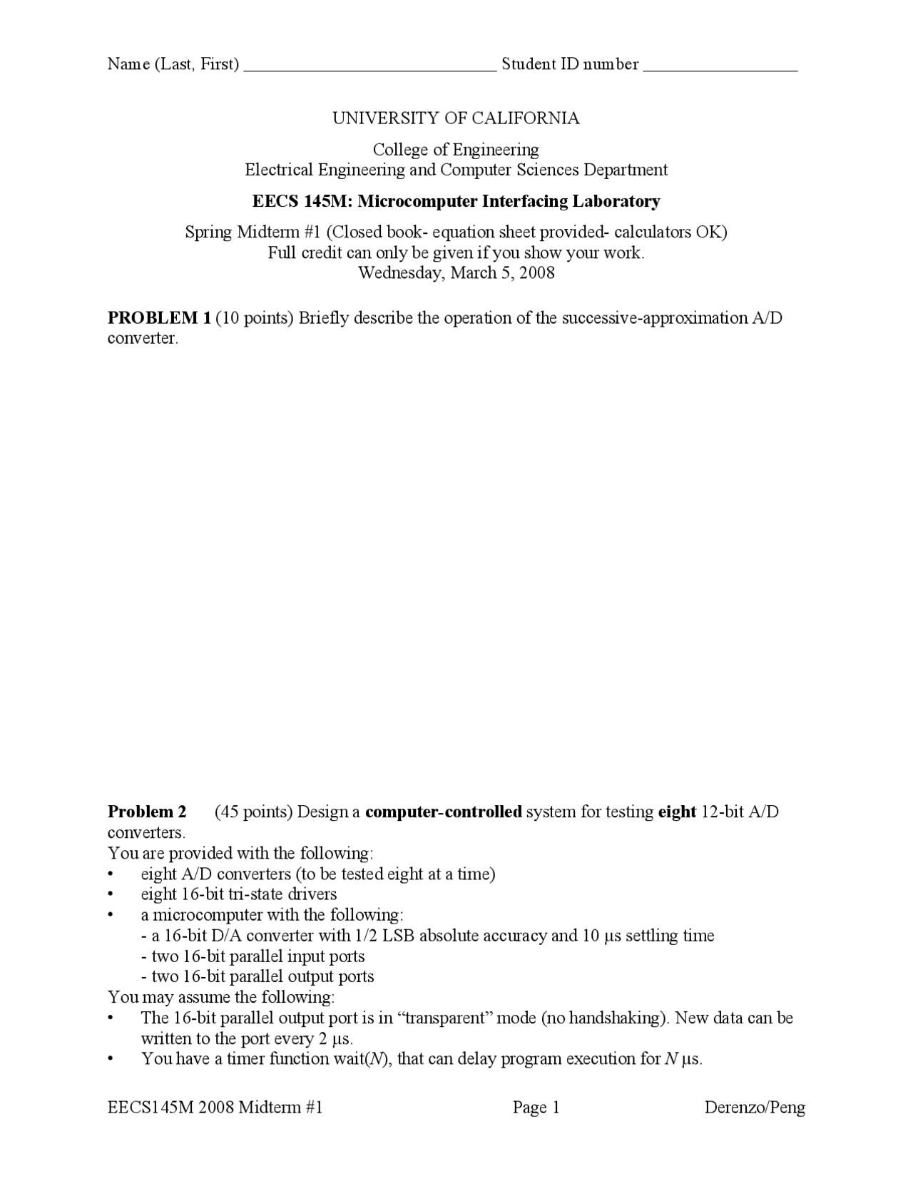 Midterm Exam 1 Microcomputer Interfacing Laboratory El Eng C145m Docsity