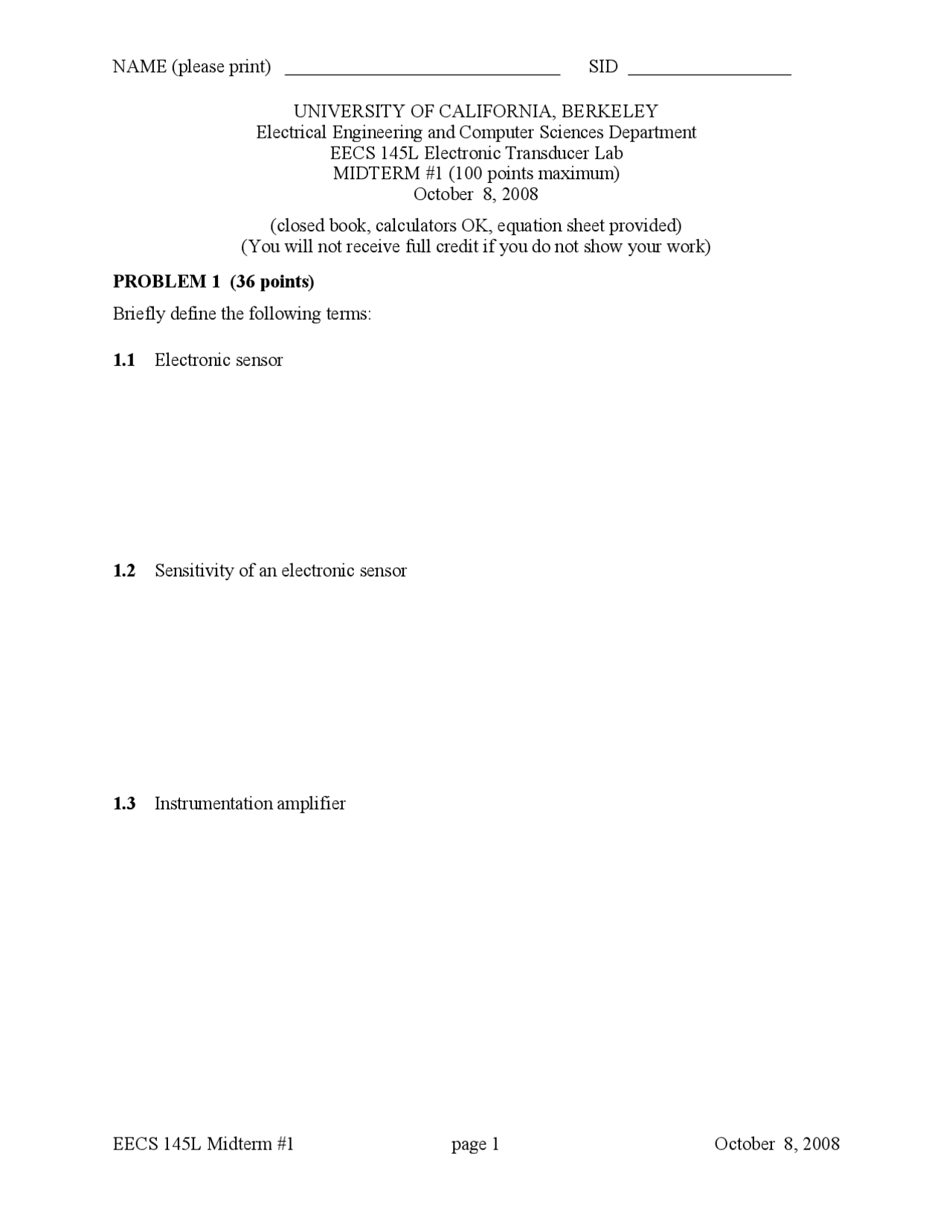 Electronic Transducers Laboratory Midterm Exam 1 Problems El Eng