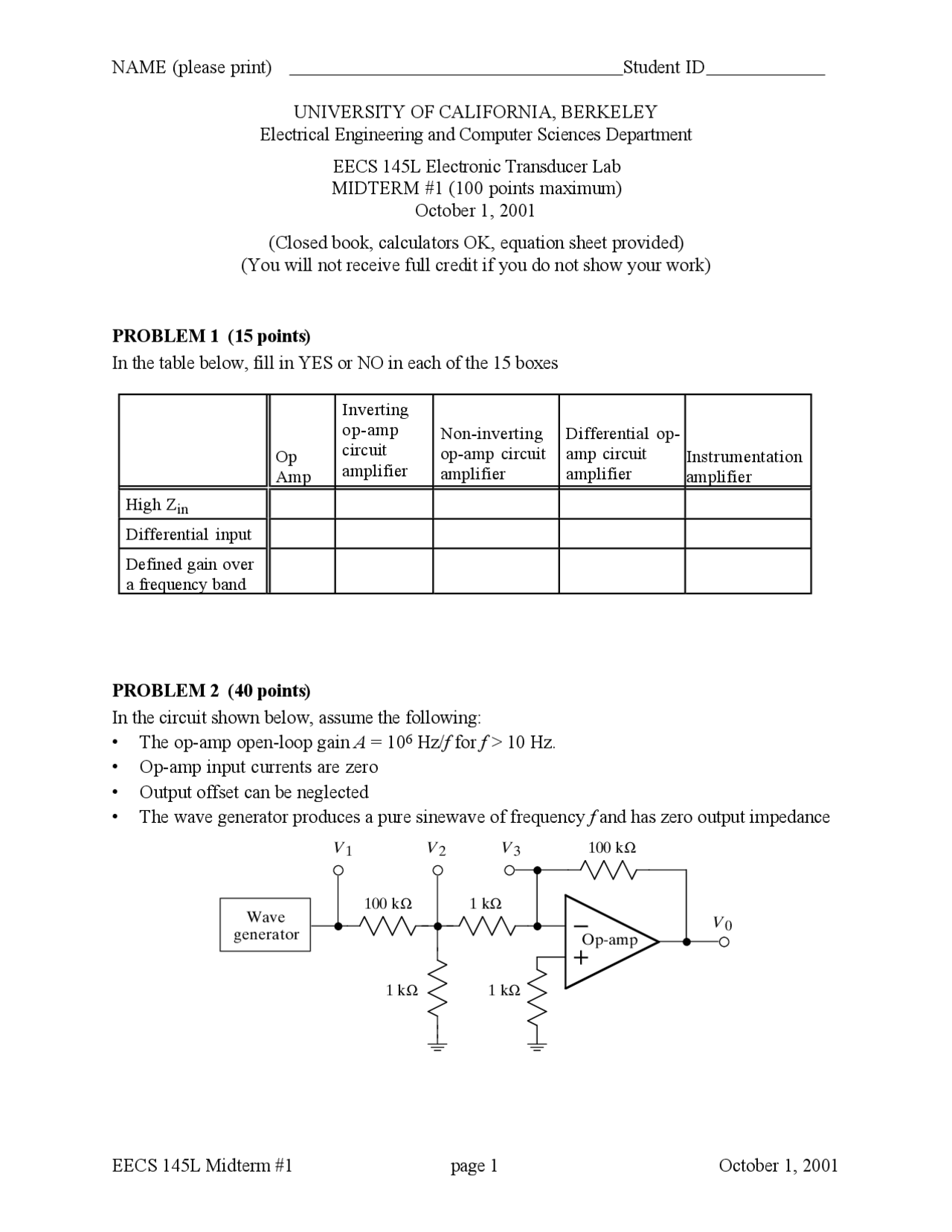 Midterm Exam 1 Problems Electronic Transducers Laboratory El Eng