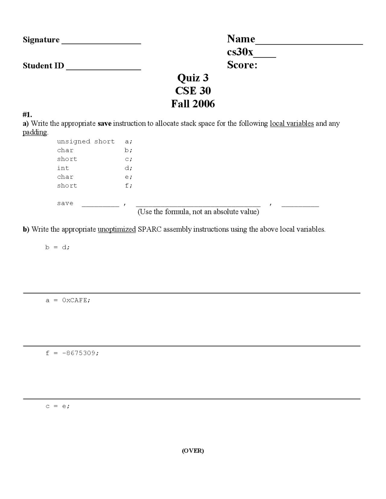 Computer Organization And Systems Programming Quiz 3 Fall 2006 Cse