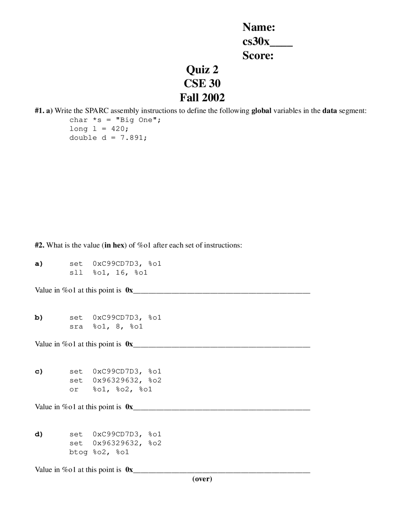Computer Organization And Systems Programming Quiz 2 Cse 30 Docsity