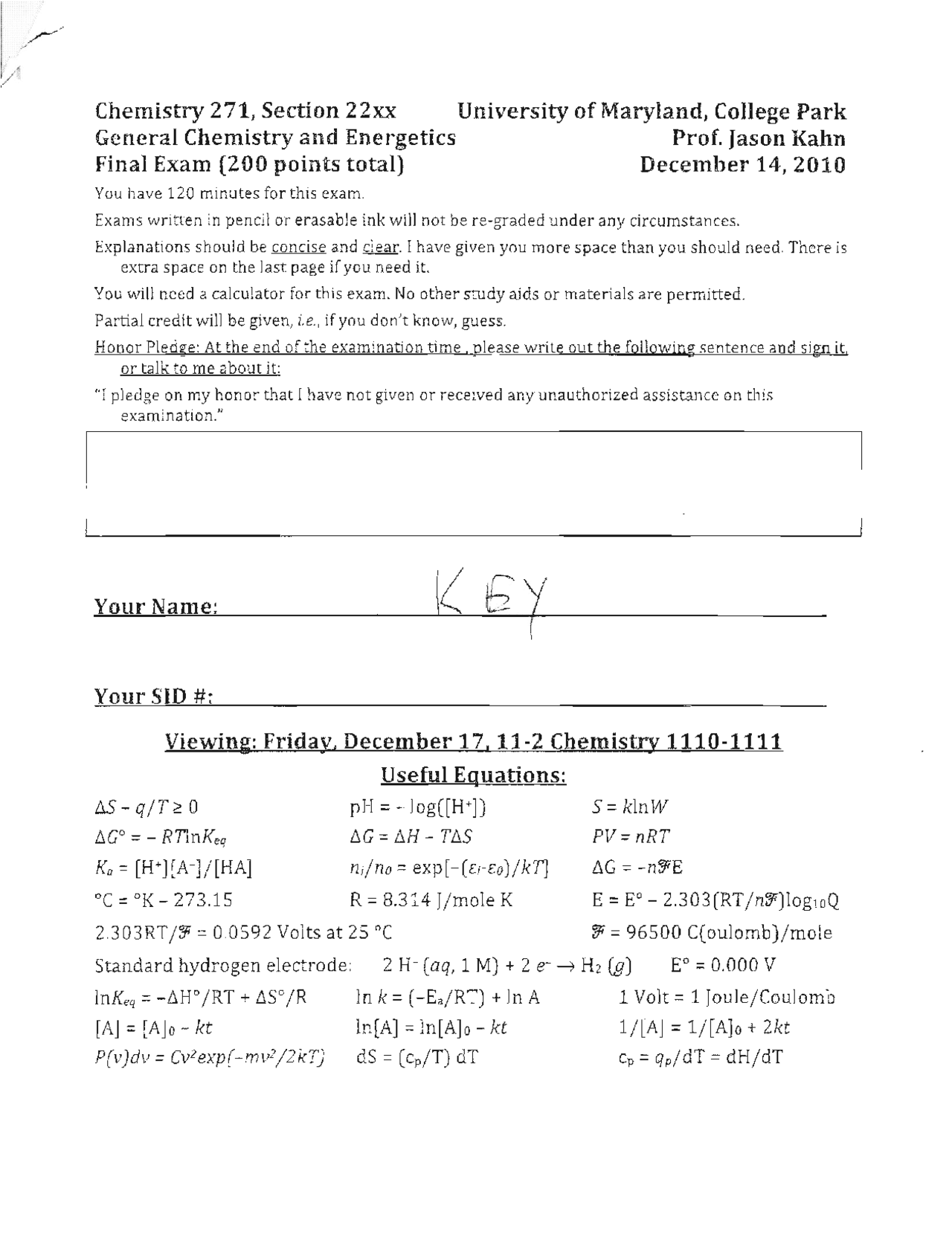 Final Exam Answer Key Fundamentals Of Chemistry Ii Chem 271 Docsity