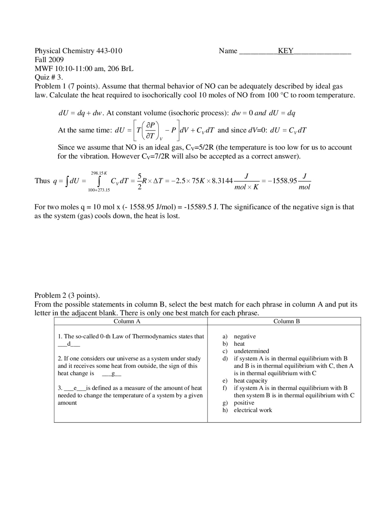2 Solved Problems In Quiz 3 Physical Chemistry I Chem 443 Docsity