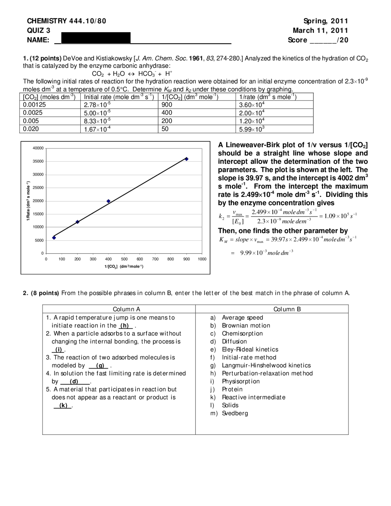 Quiz # 3 - Physical Chemistry II | CHEM 444 - Docsity