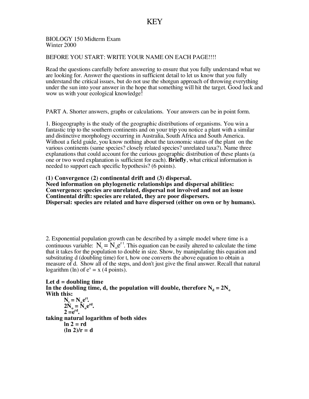 Solution Key For Midterm Exam 1 Ecology Biol 150 Docsity
