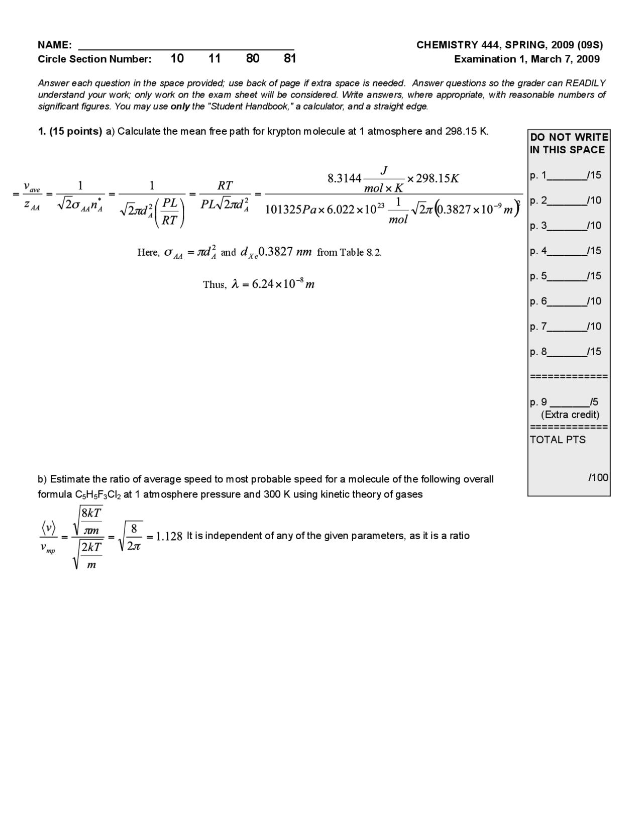 Solved Exam 1 for Physical Chemistry II | CHEM 444 - Docsity