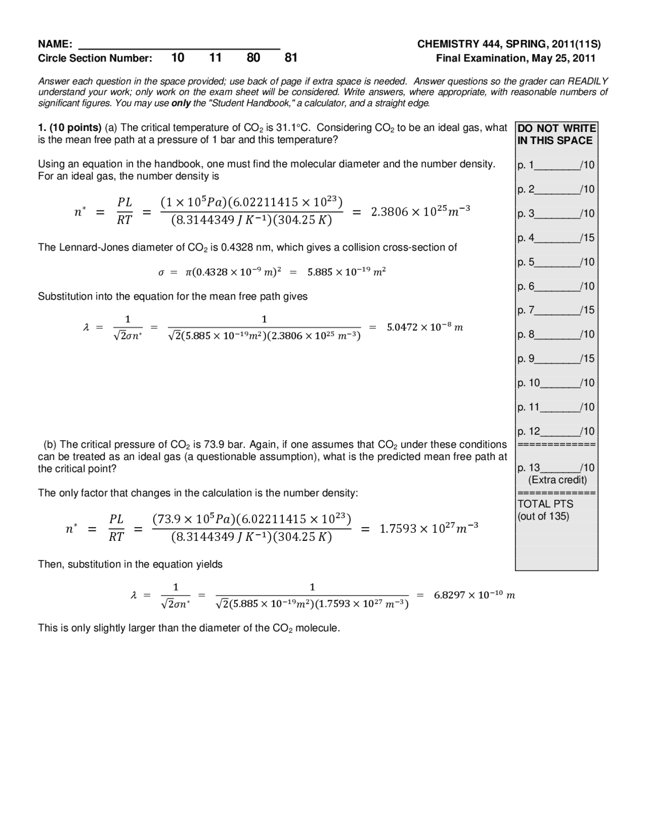Final Examination Solutions - Physical Chemistry II | CHEM 444 - Docsity