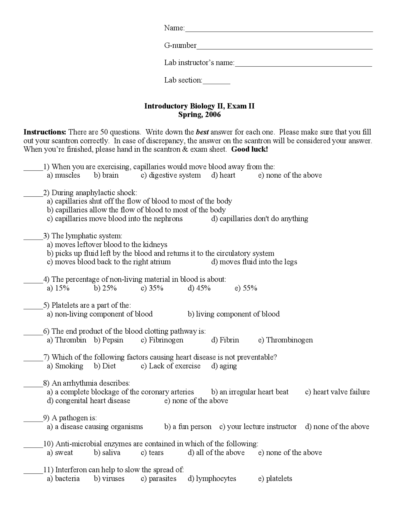 50 Questions On Lymphatic System Exam 2 Biol 104 Docsity