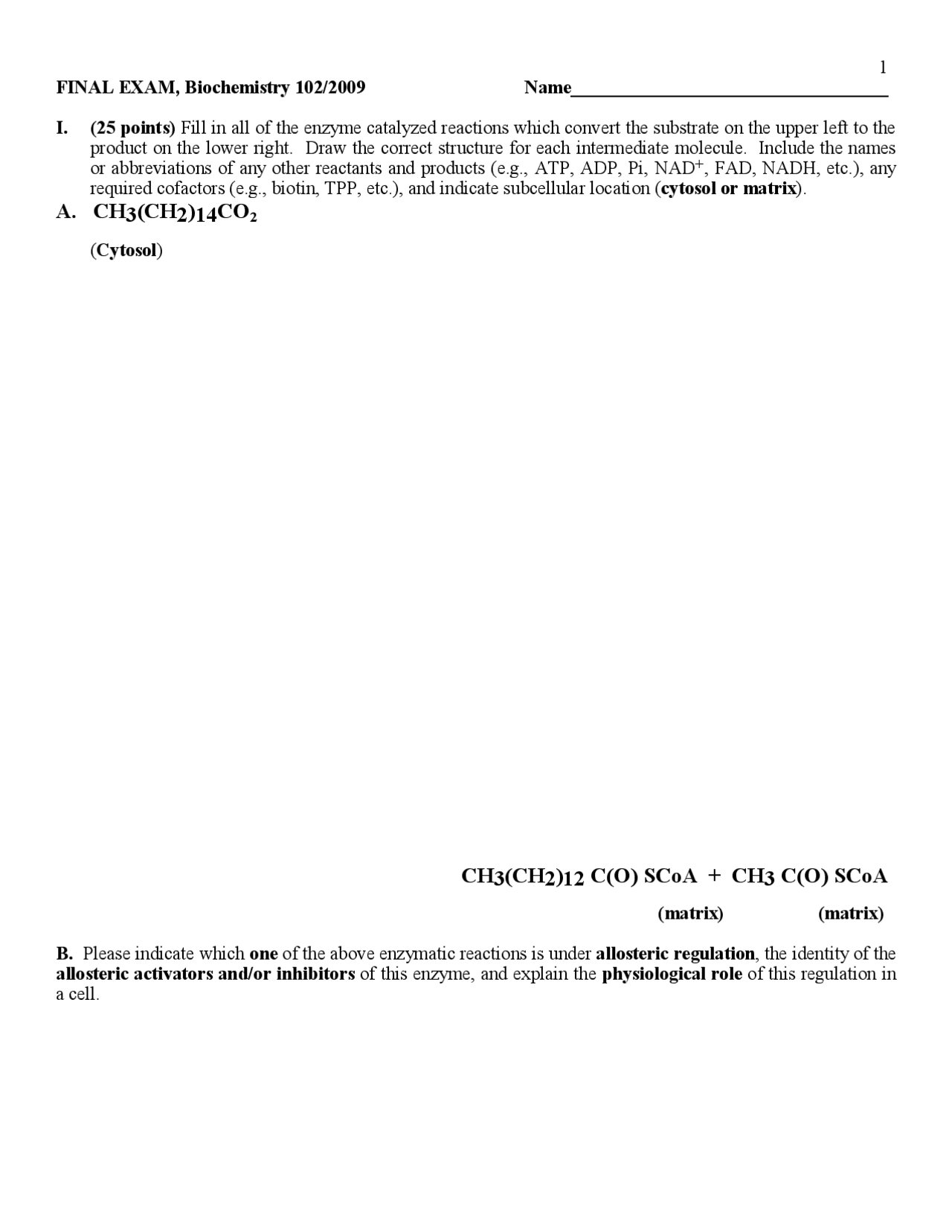 Final Exam Problems For Metabolic Biochemistry Bibc 102 Docsity