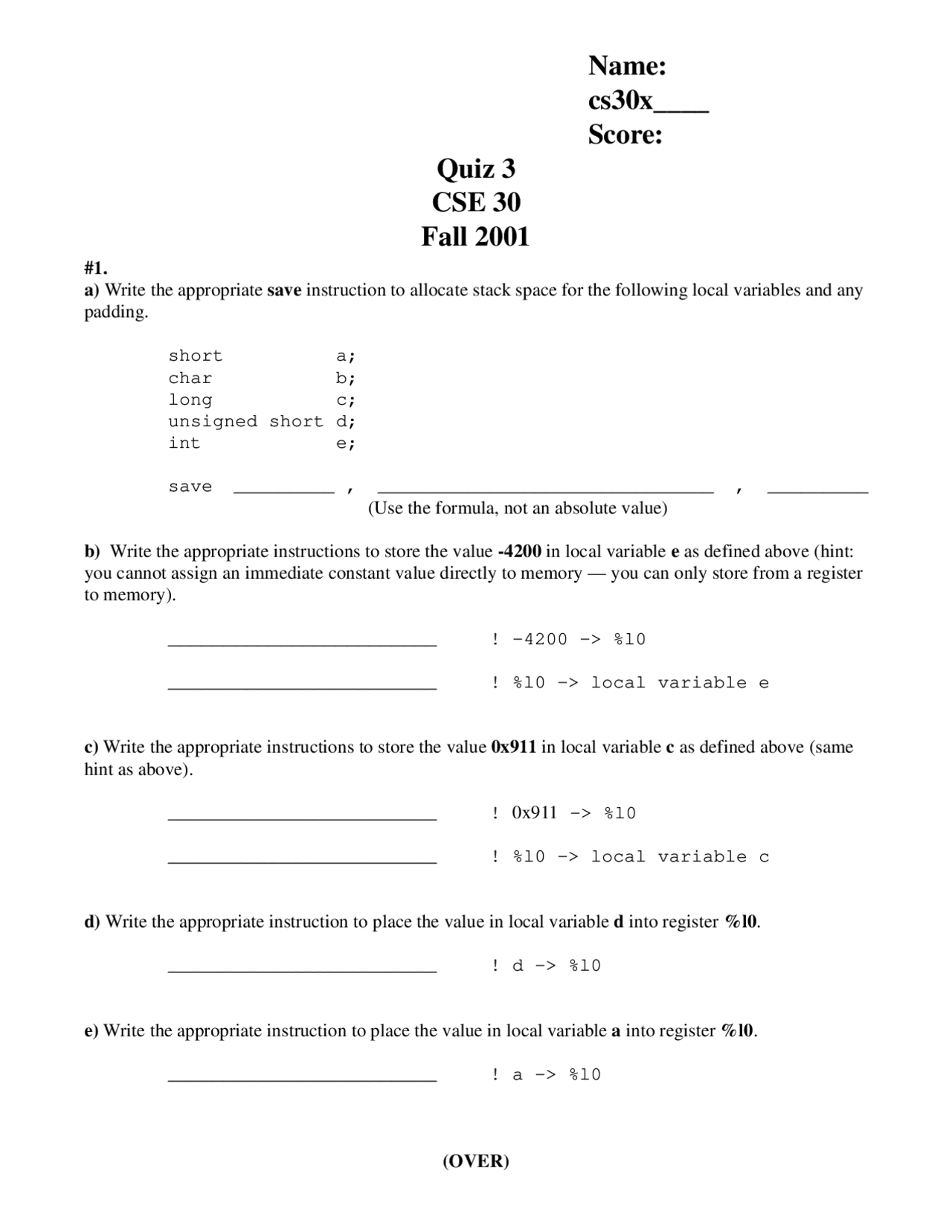 Quiz 3 Practice Problems Computer Organization And Systems Program
