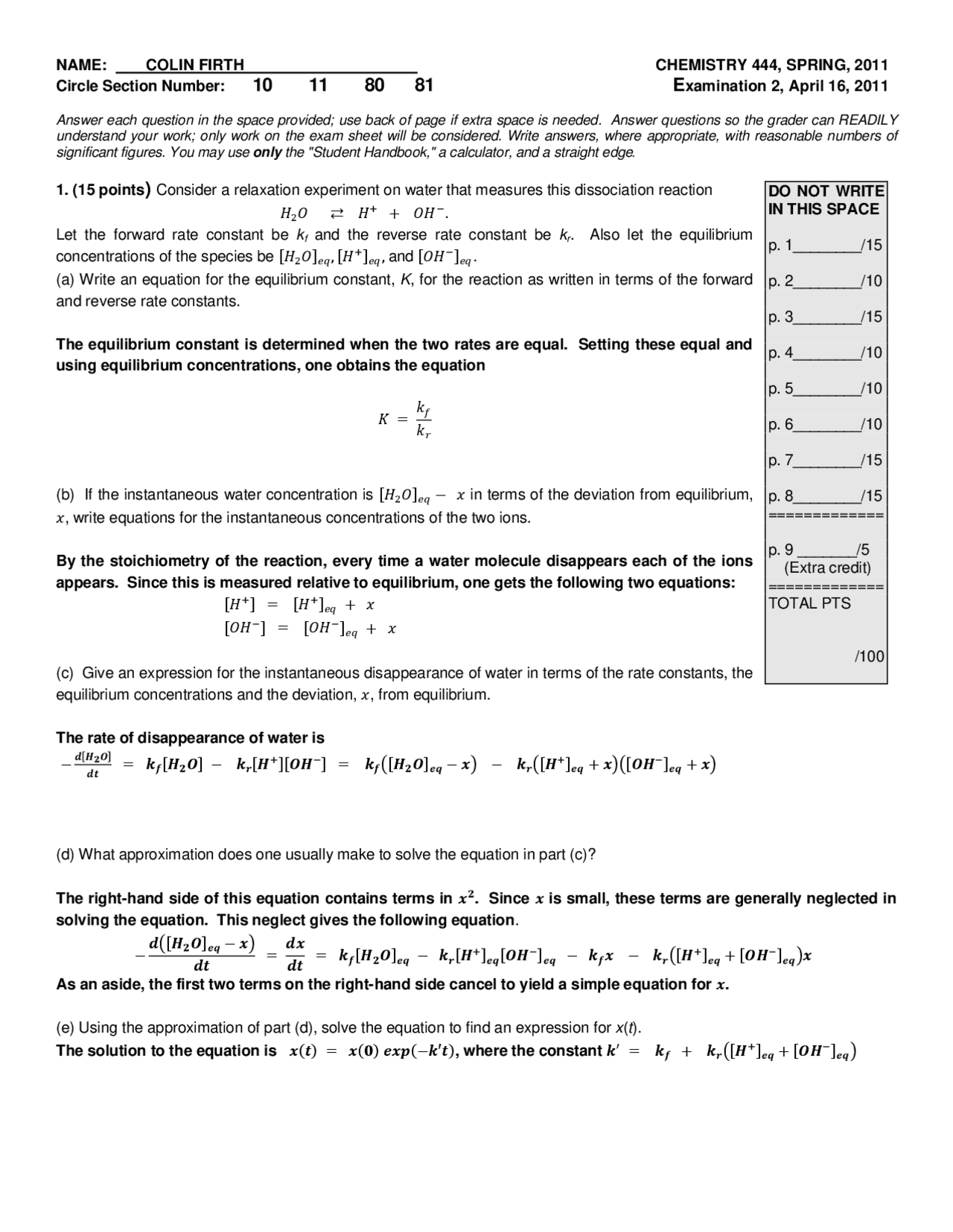 Physical Chemistry II - Examination 2 with Answers | CHEM 444 - Docsity