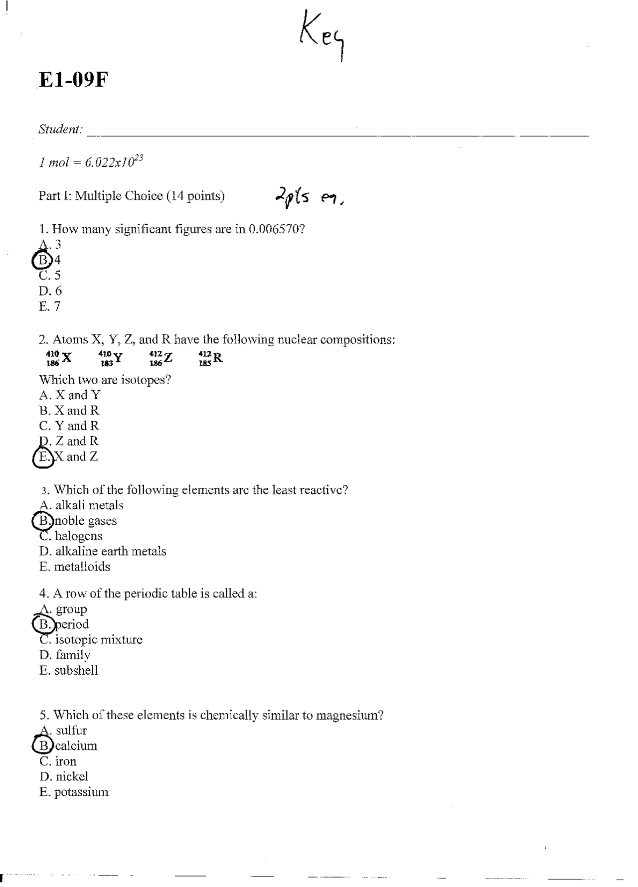 Answer Key For Test 1 General Chemistry Chem 101 Docsity