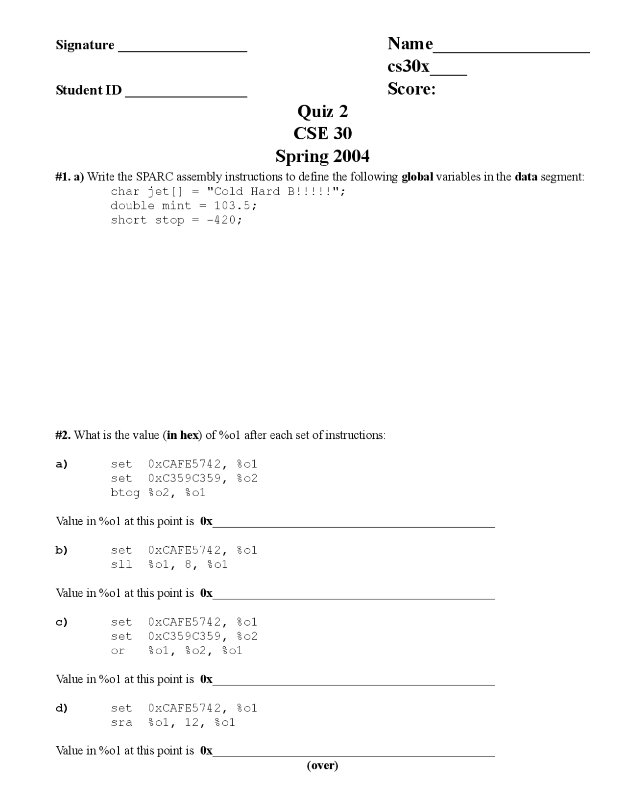 Practice Quiz 2 - Computer Organization and Systems Program | CSE 30 - Docsity