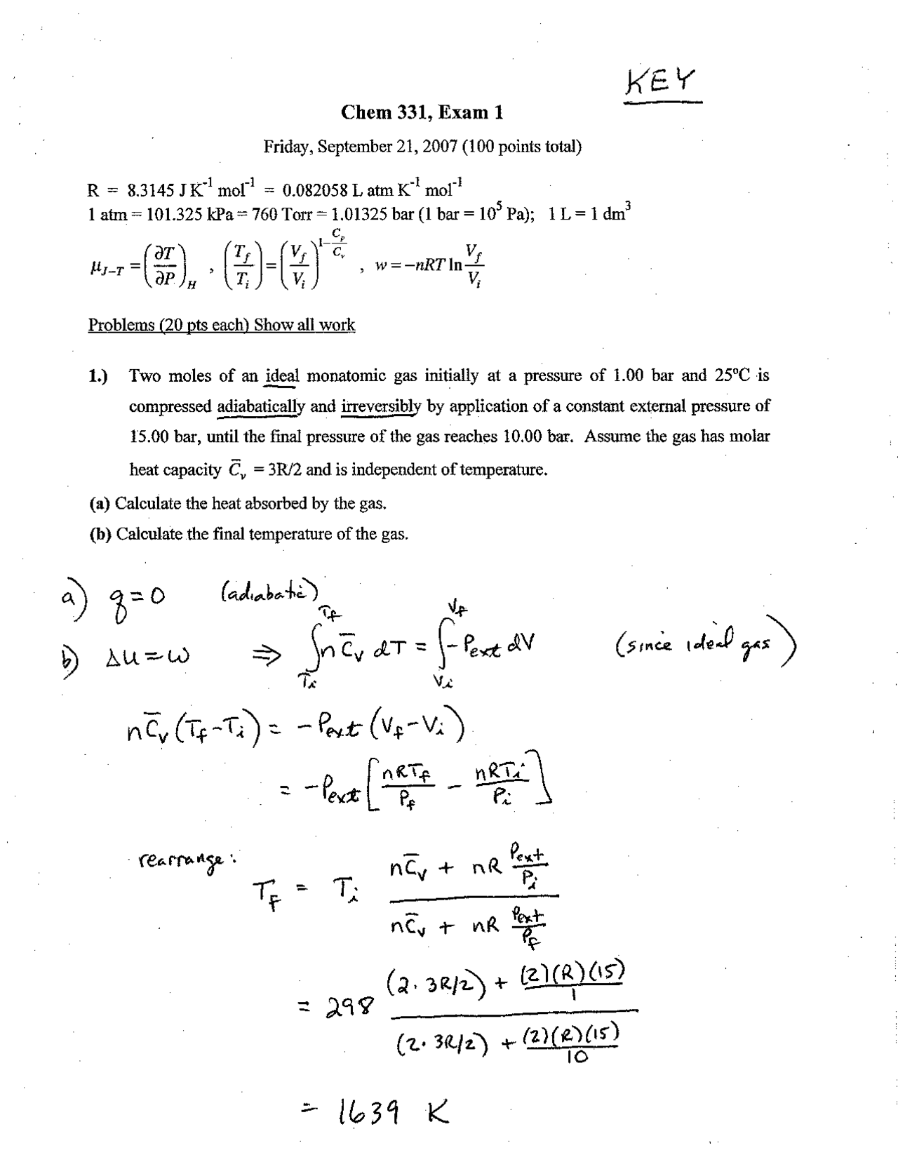 Physical Chemistry - Exam 1 Solution | Chem 331 | Exams Physical ...
