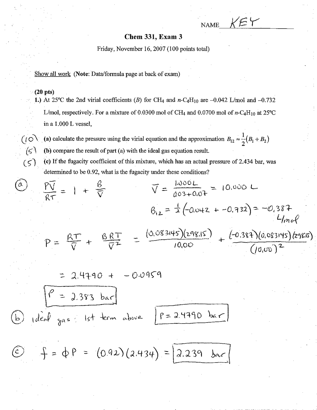 Solved Exam 3 For Physical Chemistry Chem 331 Docsity