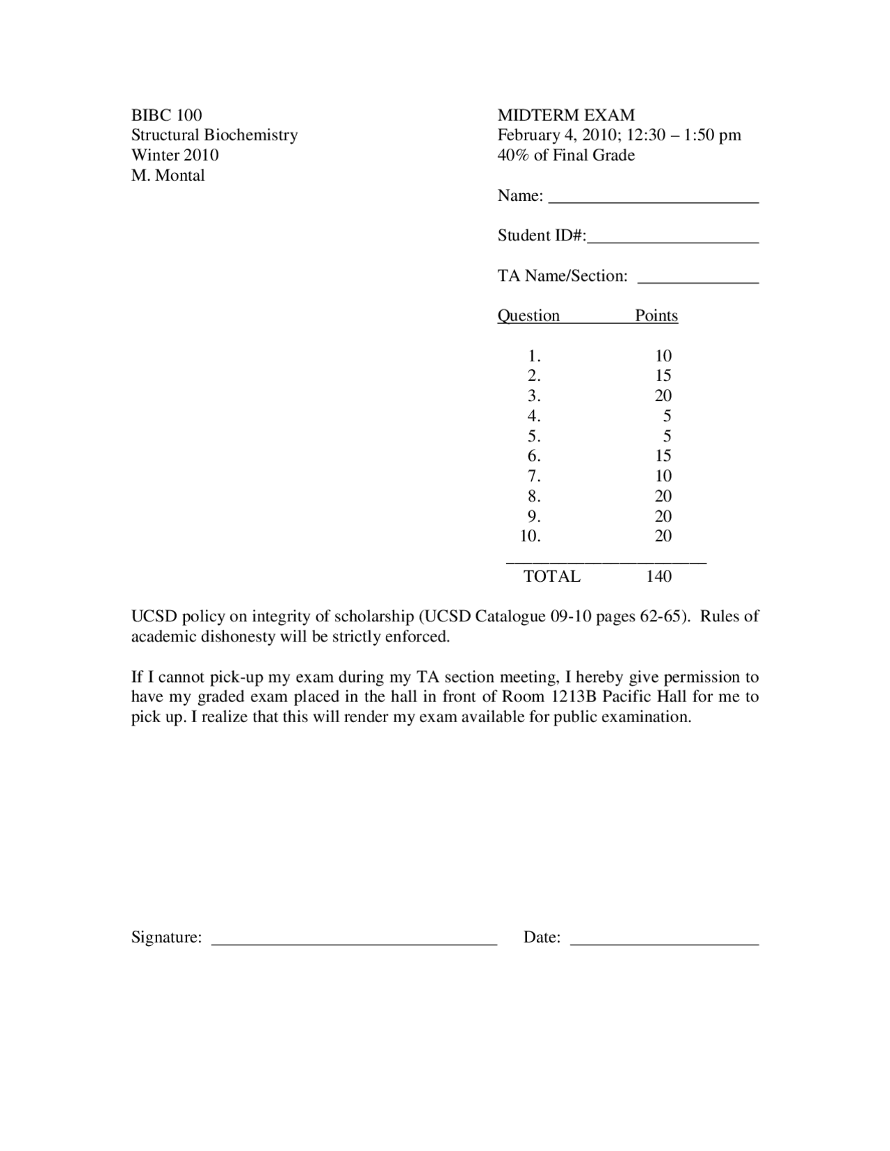 Structural Biochemistry 10 Questions For Midterm Exam Bibc 100