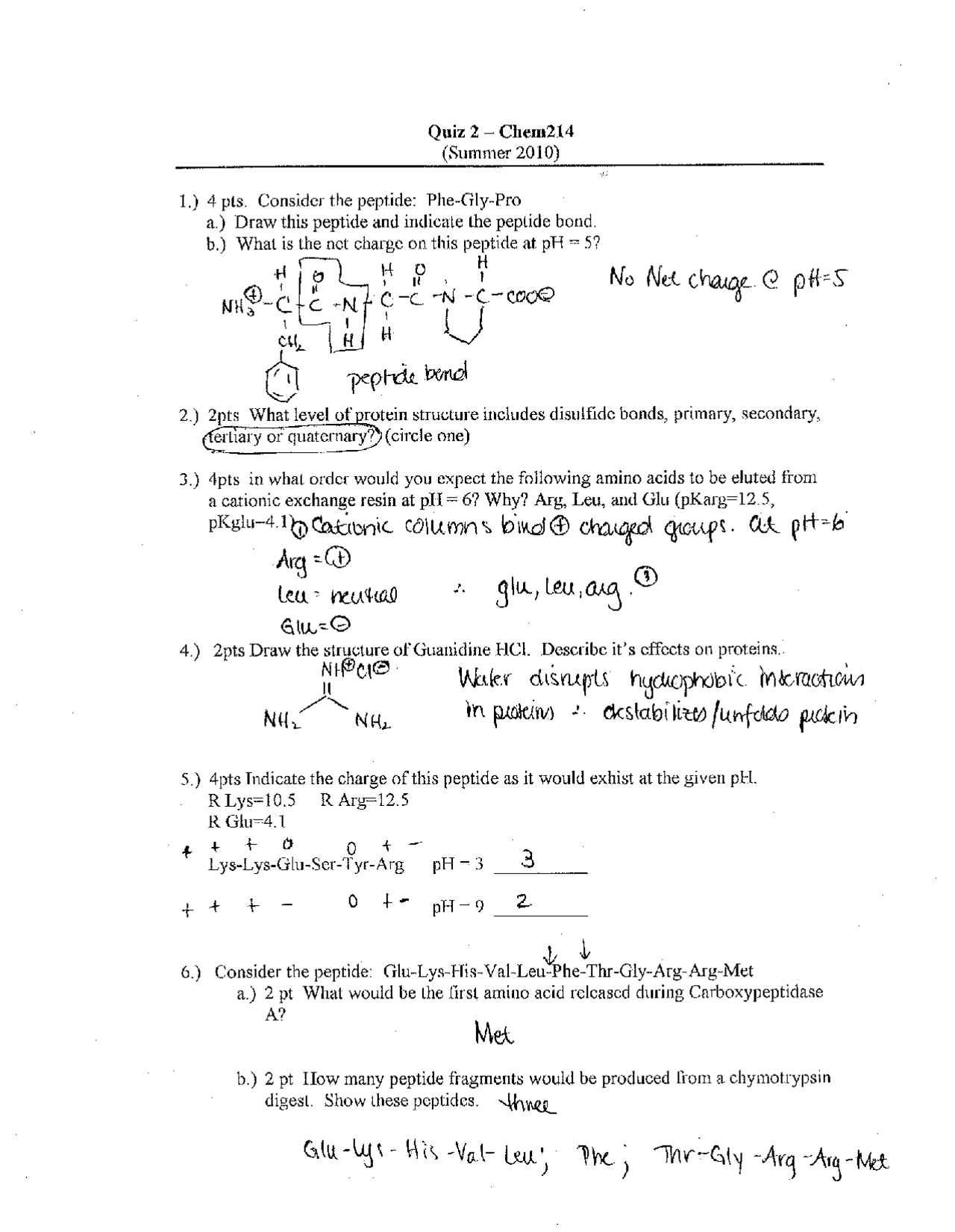 Quiz 2 with Answer Key for Elementary Biochemistry - Summer 2010 | CHEM ...