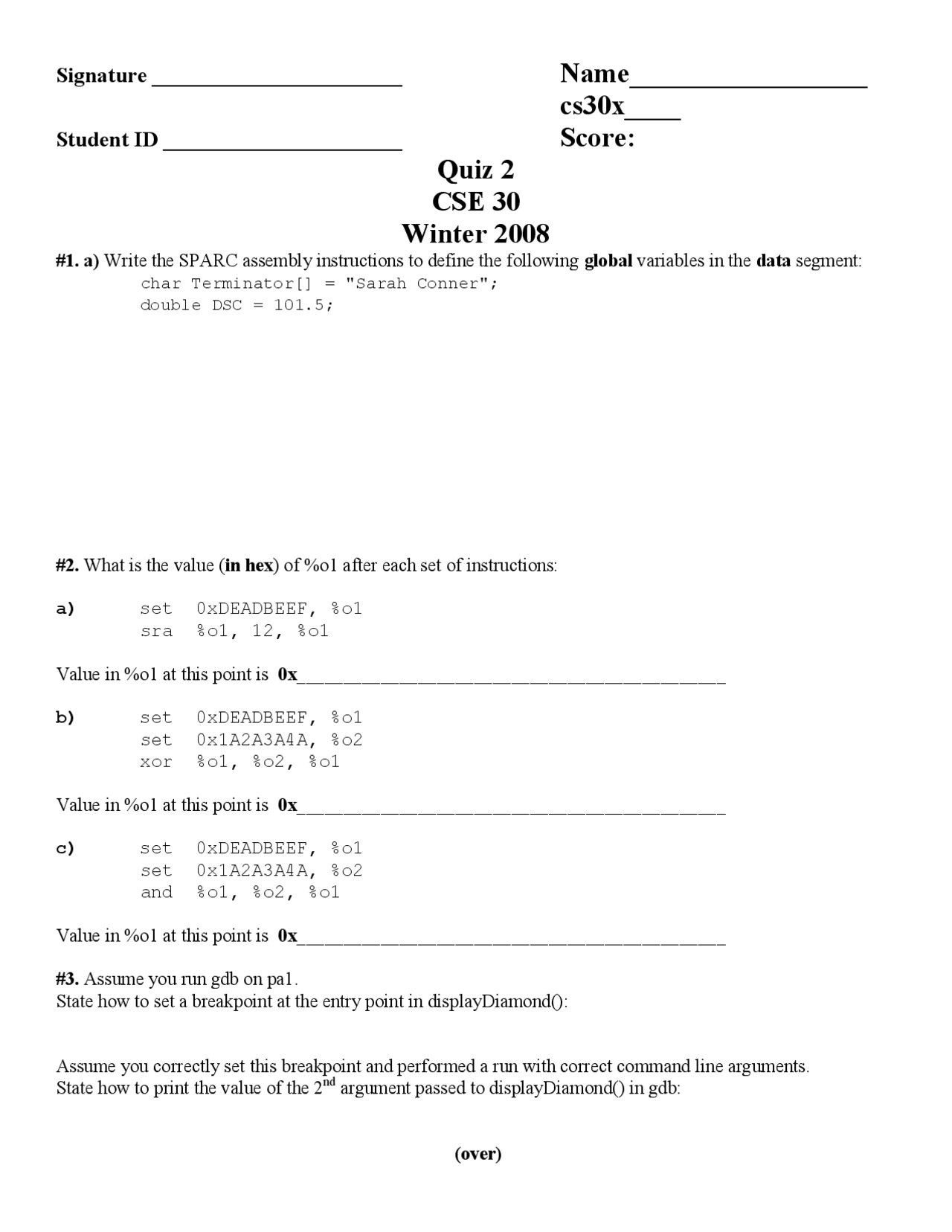 Write Sparc Assembly Instructions To Define Data Segment Quiz 2 Cse 30 Docsity