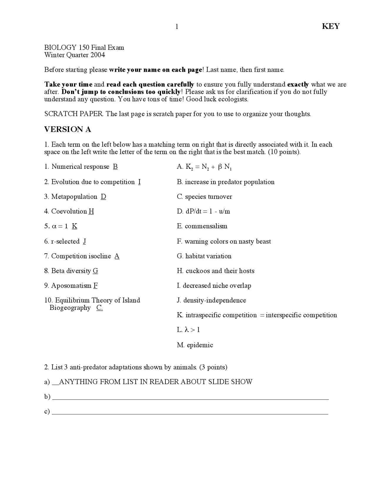 12 Questions on Ecology with Answer key - Final Exam | BIOL 150 - Docsity