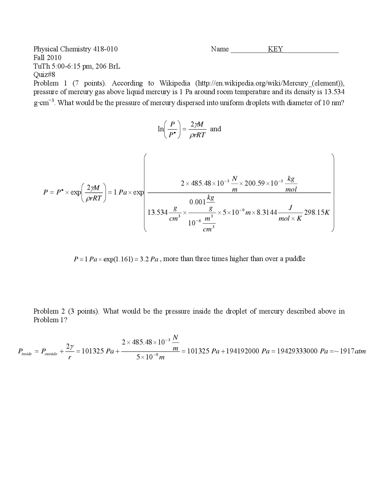 Quiz 8 with Answers - Introductory Physical Chemistry I | CHEM 418 ...