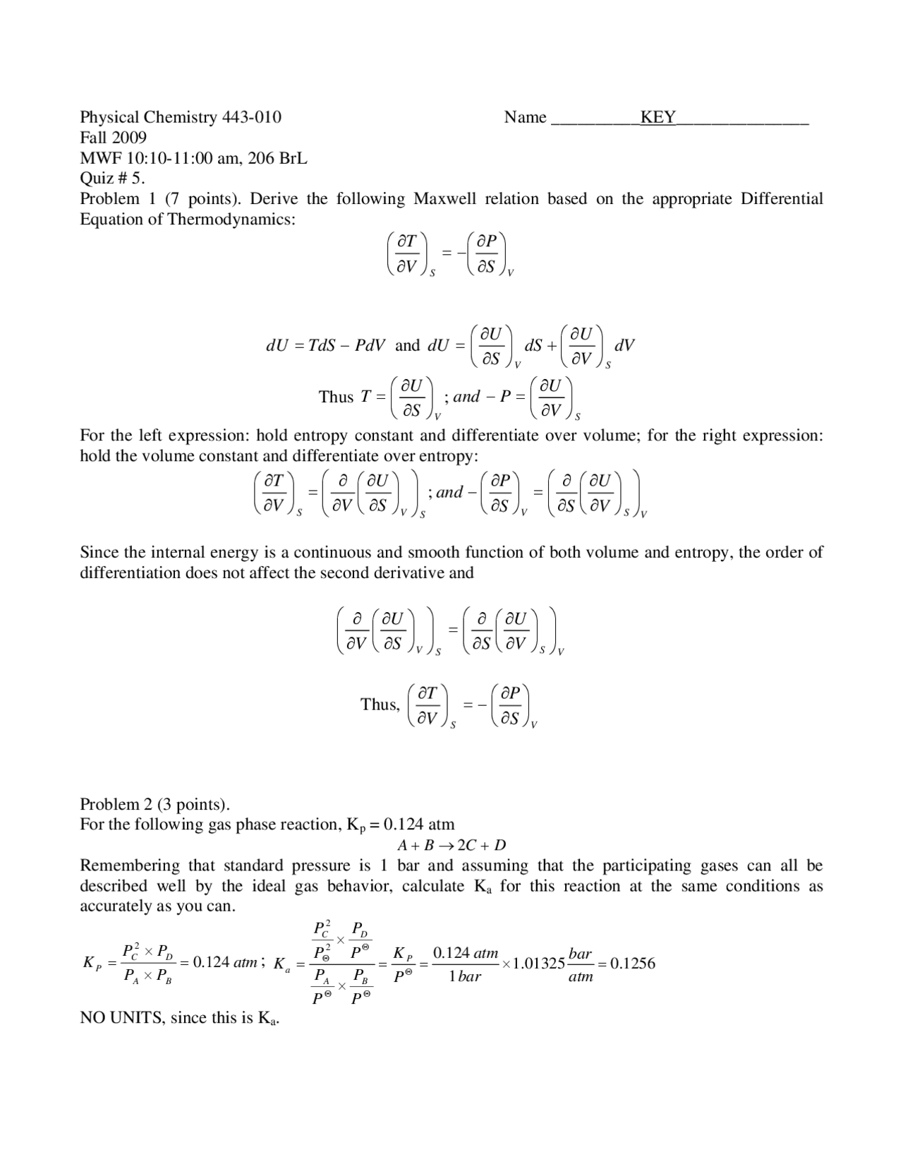 Solved Quiz 5 for Physical Chemistry I | CHEM 443 - Docsity