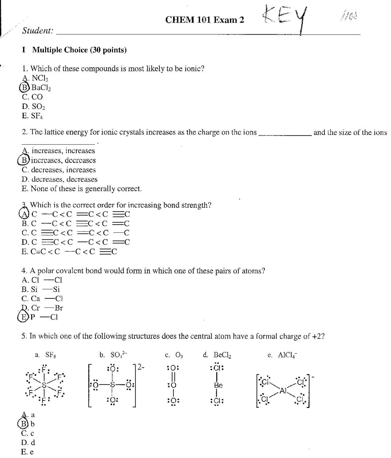 Exam 2 Answer Key for General Chemistry | CHEM 101 | Exams Chemistry ...